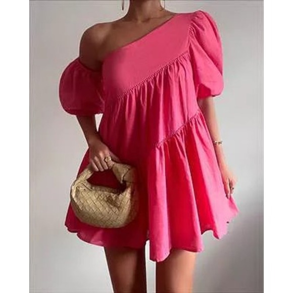 Showpo. | Dresses | Showpo Pink One Shoulder Puff Sleeve Tiered Mini ...